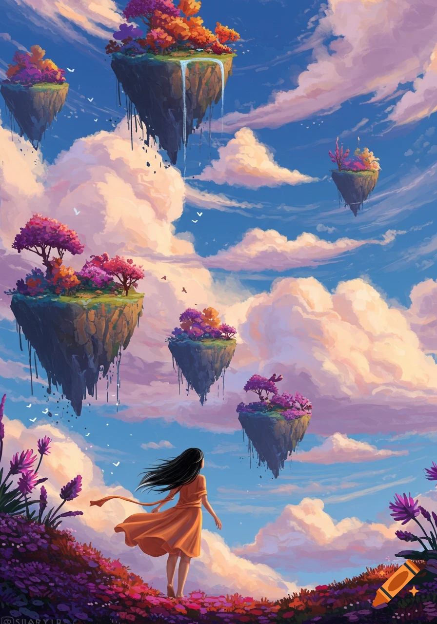 A woman stands on a floating island looking at other floating islands ...