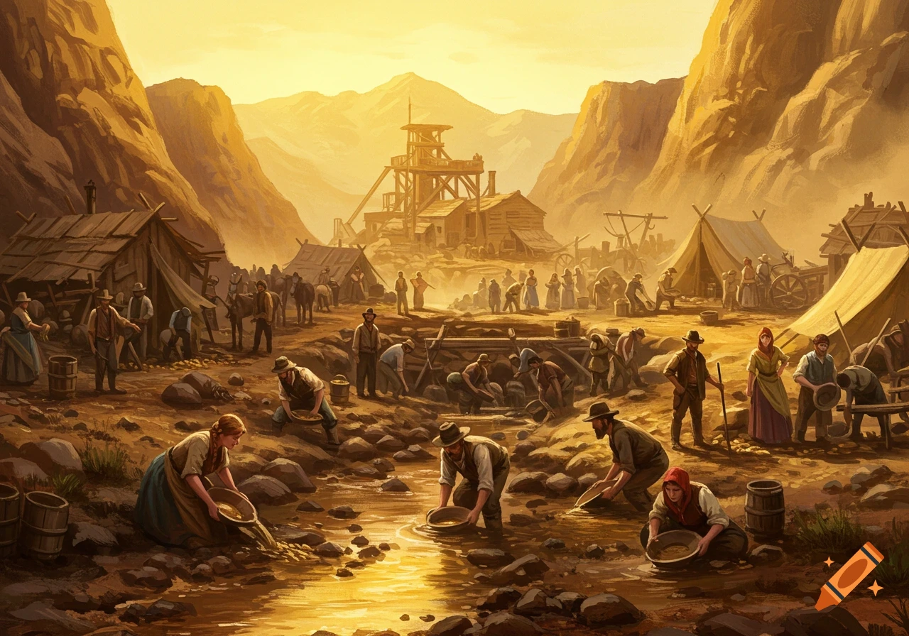 A painting of people panning for gold in a river during the gold rush ...