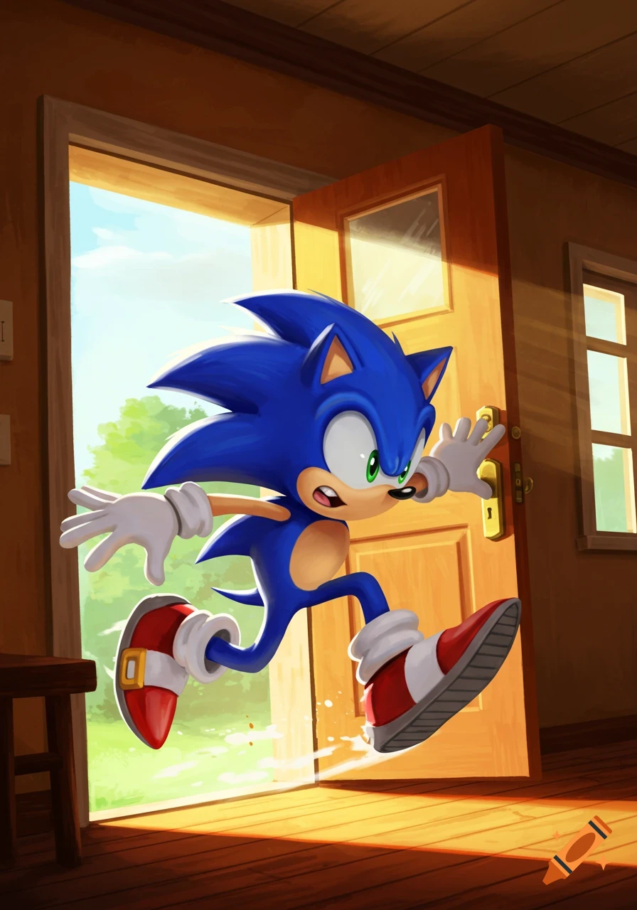 Illustration of Sonic the Hedgehog running through a sunlit open ...