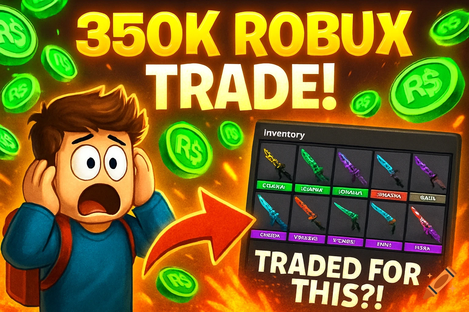 Shocked cartoon character with Robux coins falling, pointing at a game ...