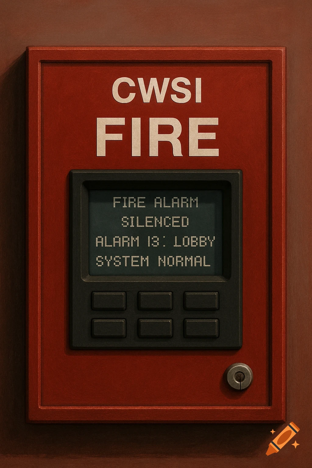 Close-up view of a red CWSI fire alarm panel. on Craiyon