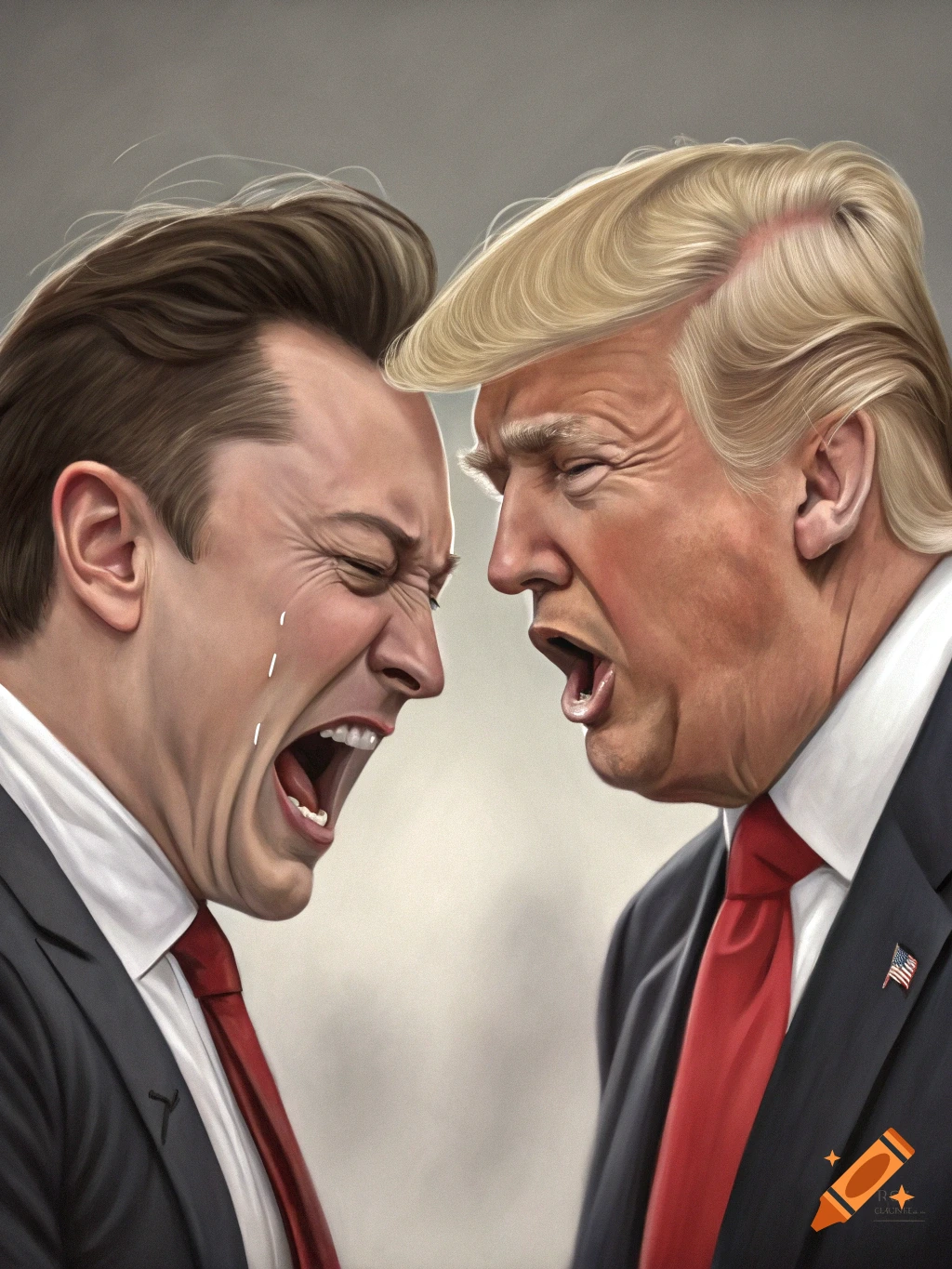 Caricature of Elon Musk crying while yelling at Donald Trump. on Craiyon