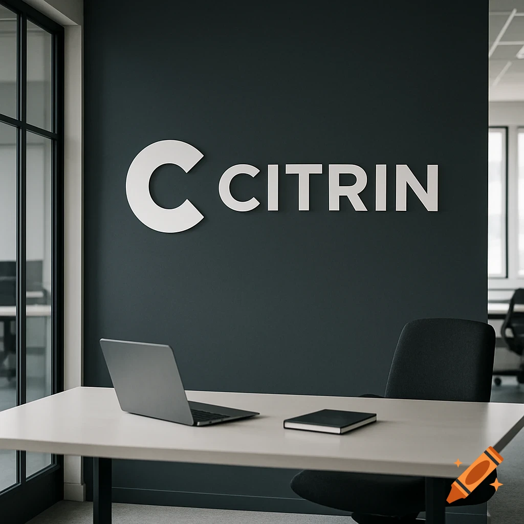 Large white CITRIN logo on a dark grey wall in a professional office ...