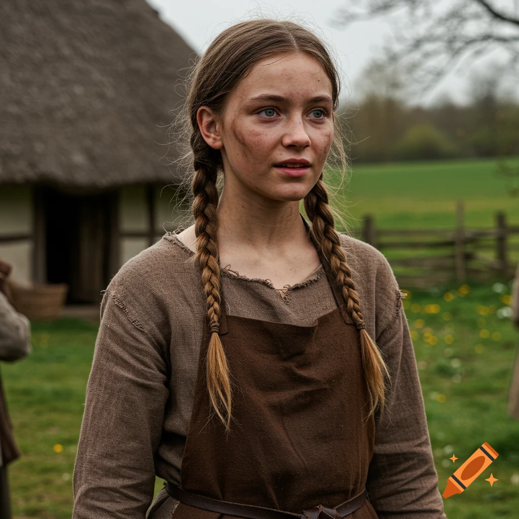 Young woman with braided hair in medieval peasant clothing stands ...
