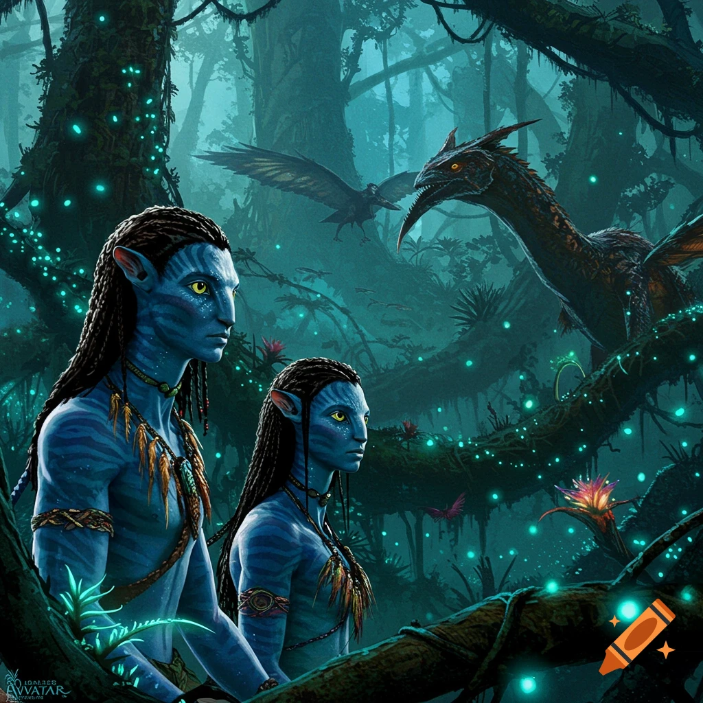 Two Na'vi characters stand in a bioluminescent alien jungle with ...