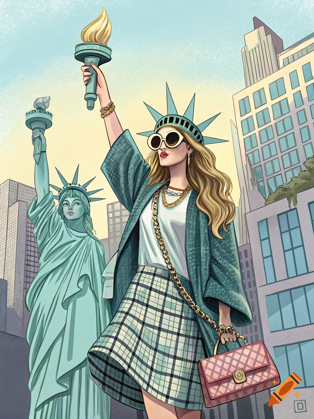 Stylish illustration of a woman dressed as the Statue of Liberty ...