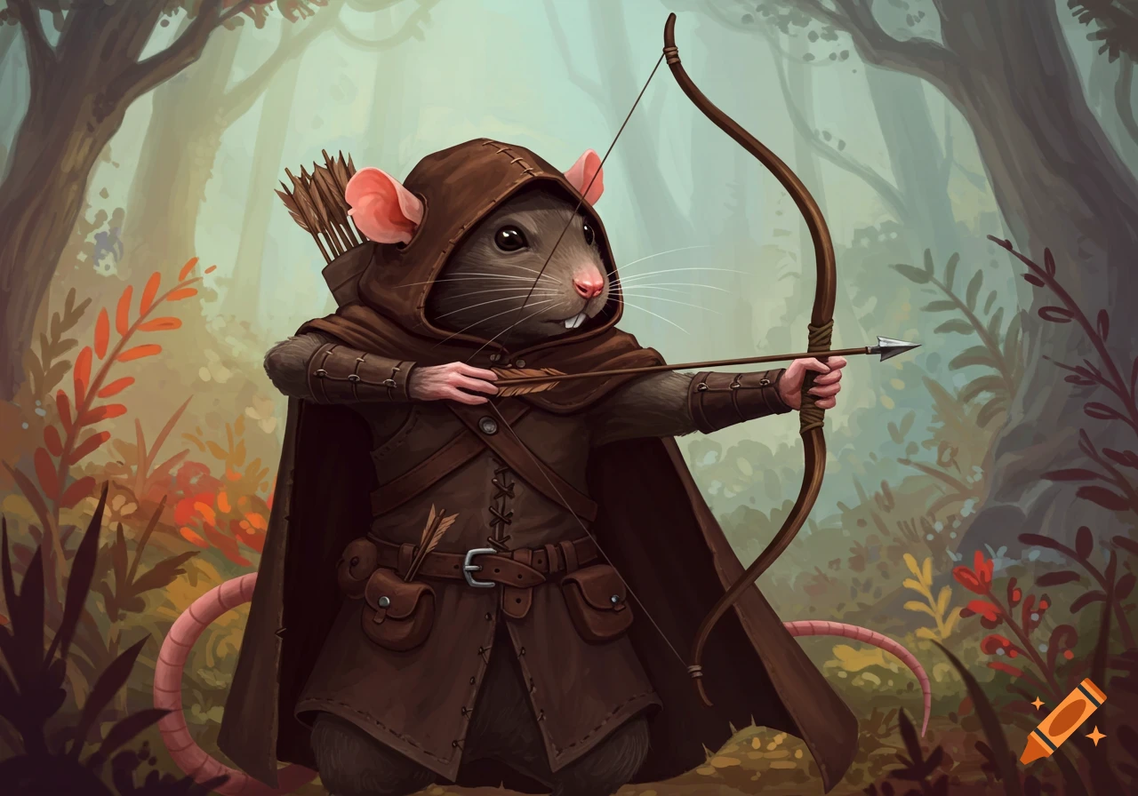 Rat character dressed as an archer in a forest. on Craiyon