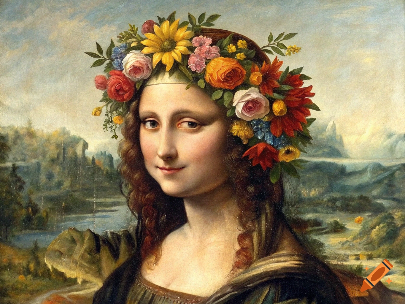 Painting of the Mona Lisa wearing a crown of colorful flowers. on Craiyon