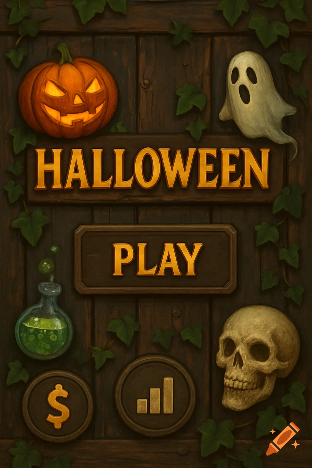 Halloween game illustration with jack-o'-lantern, ghost, skull, potion ...