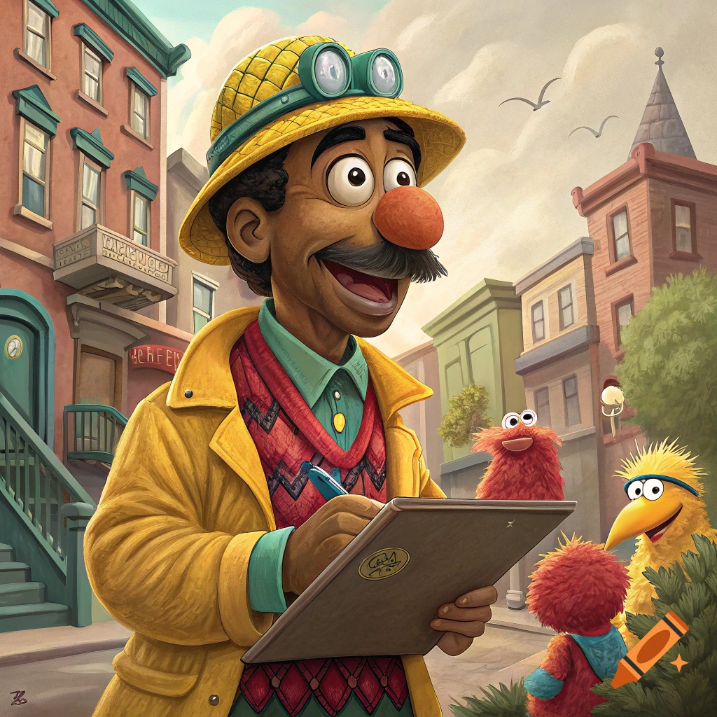 Muppet-like character in yellow coat writes on clipboard on a street ...