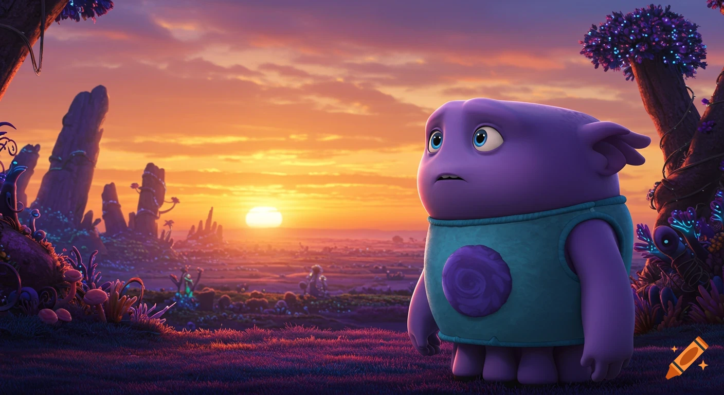 A purple alien character stands in a vibrant sci-fi landscape during a ...
