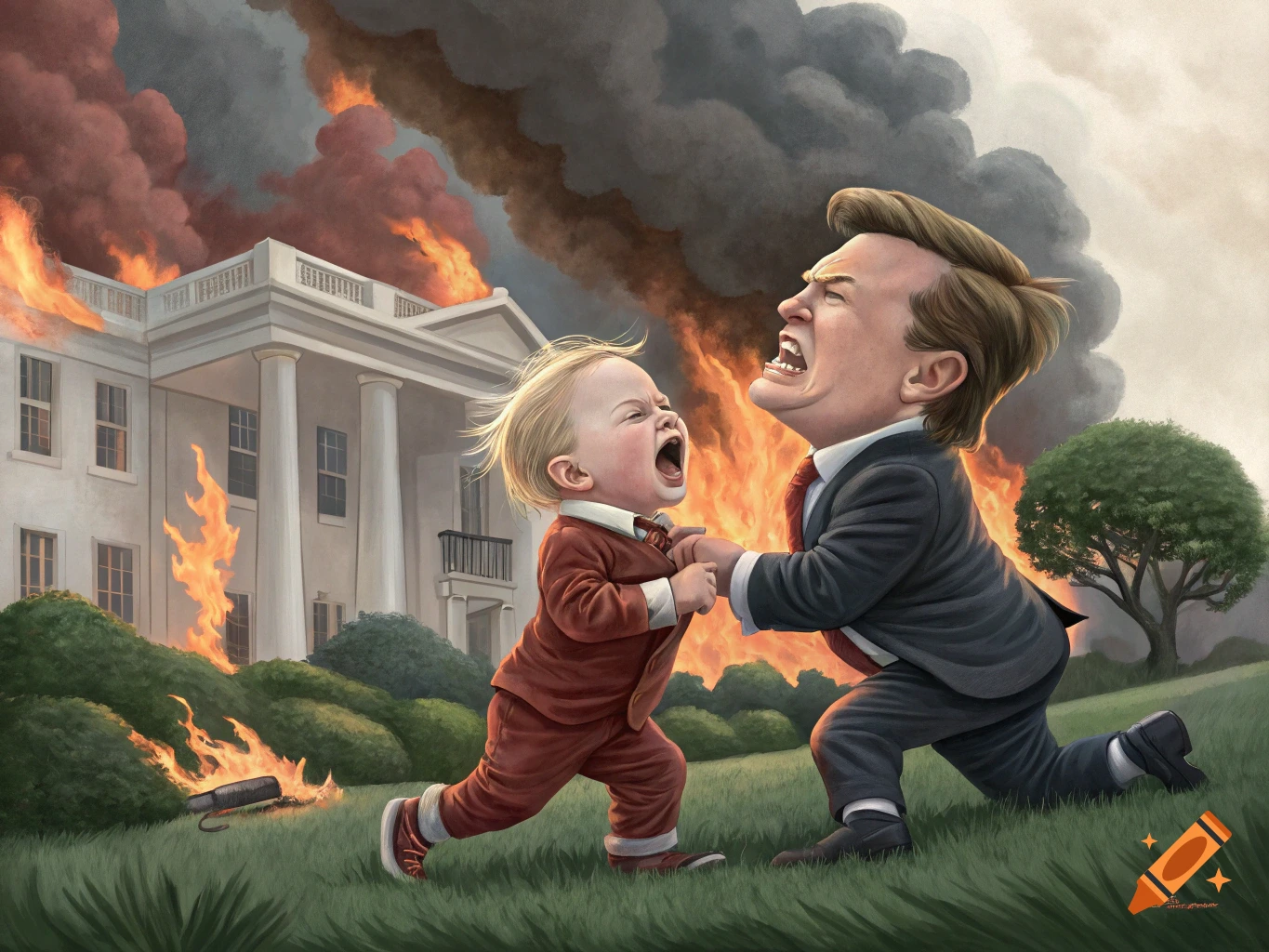 Painterly illustration of two baby-like caricatures fighting in front ...