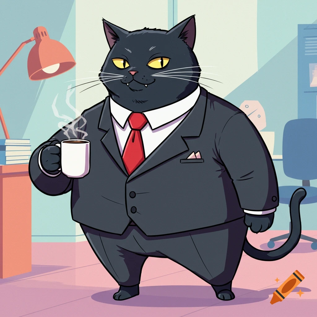 A black cat in a business suit holds a coffee cup in an office, anime ...