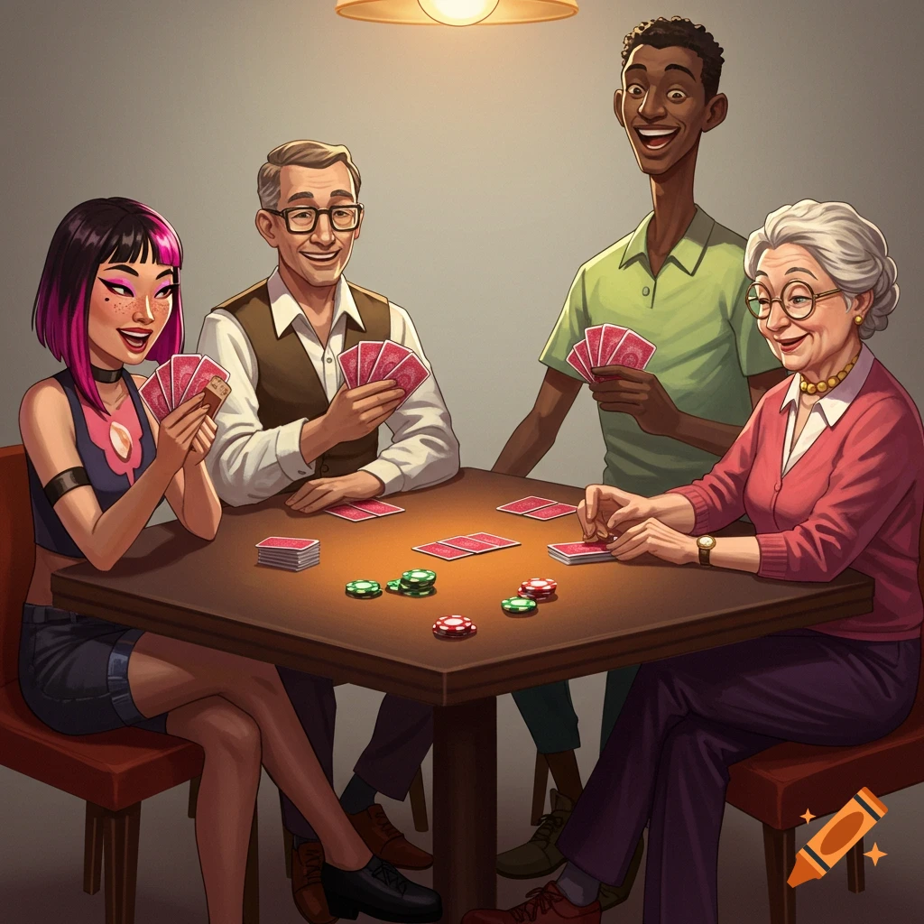 Four diverse people playing cards around a table under a lamp in a ...