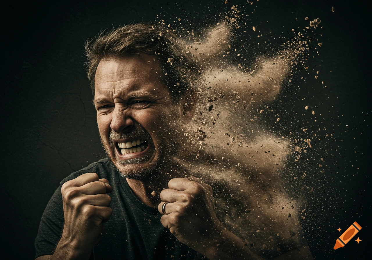 Photorealistic image of a man's face dissolving into dust with a pained ...