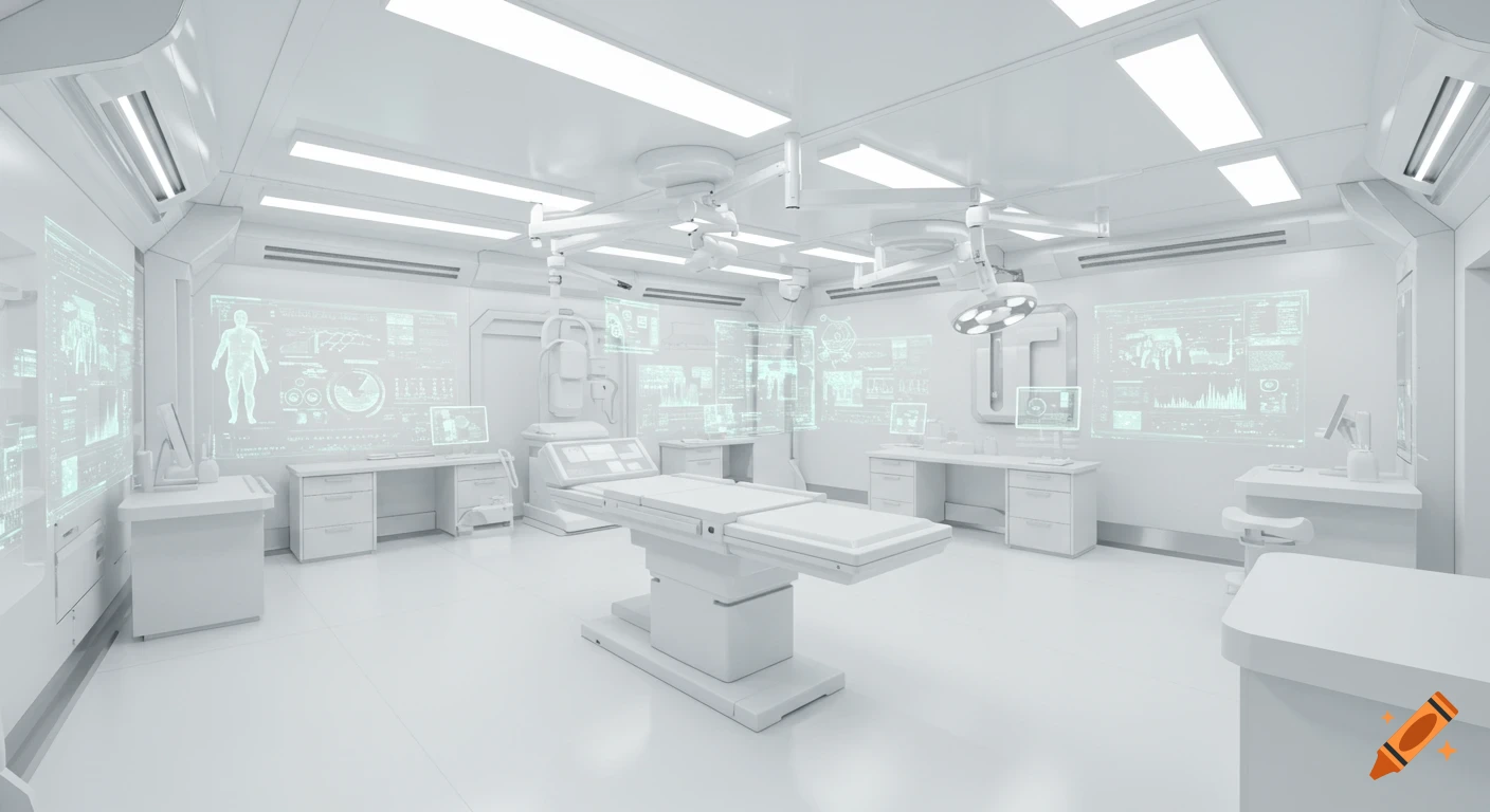 A futuristic, sterile white operating room with holographic medical ...