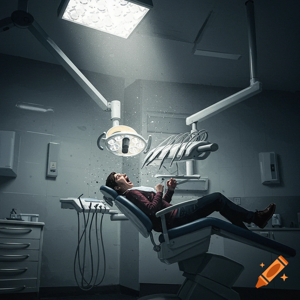 Person screaming in a dentist chair as a light fixture crashes down on ...