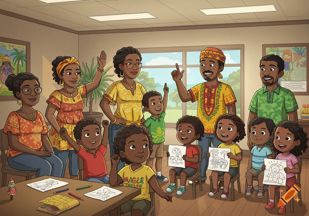 Cartoon illustration of Black adults and children in a classroom-like ...