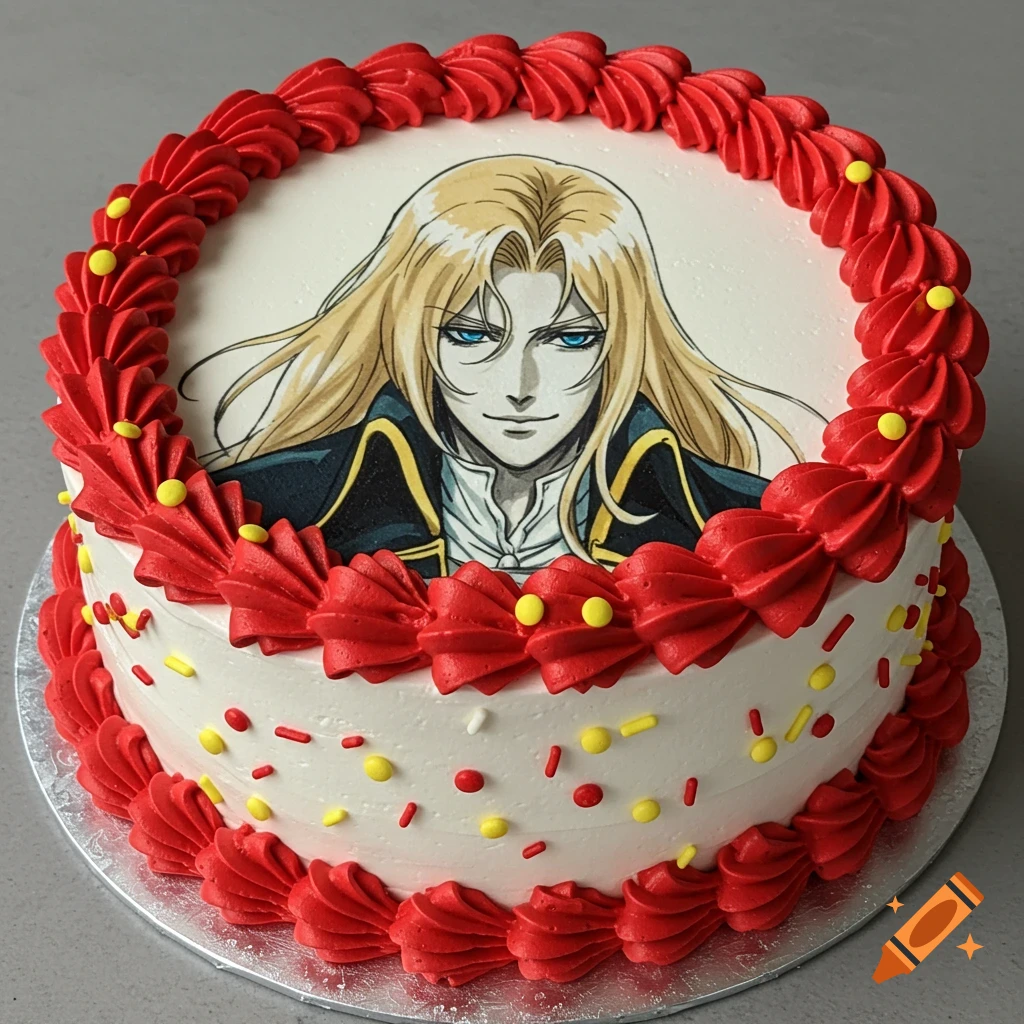 Round birthday cake with Alucard from Castlevania, red frosting border ...