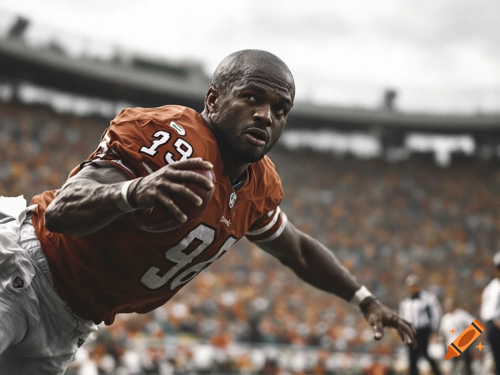 A football player in an orange jersey diving to catch a ball in a ...