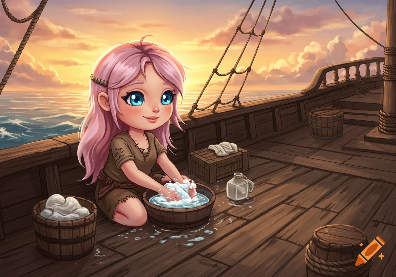 Cute chibi woman washing clothes on a pirate ship deck at sunrise. on ...
