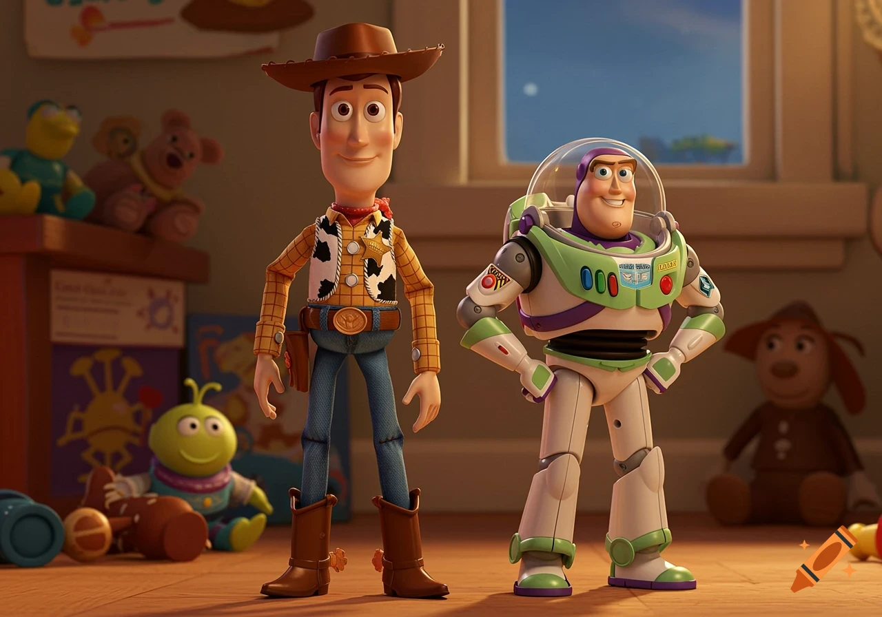 CGI animation of Woody and Buzz Lightyear standing in a toy room. on ...