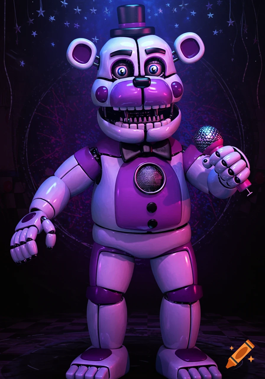 Funtime Freddy animatronic holding a microphone on a stage on Craiyon