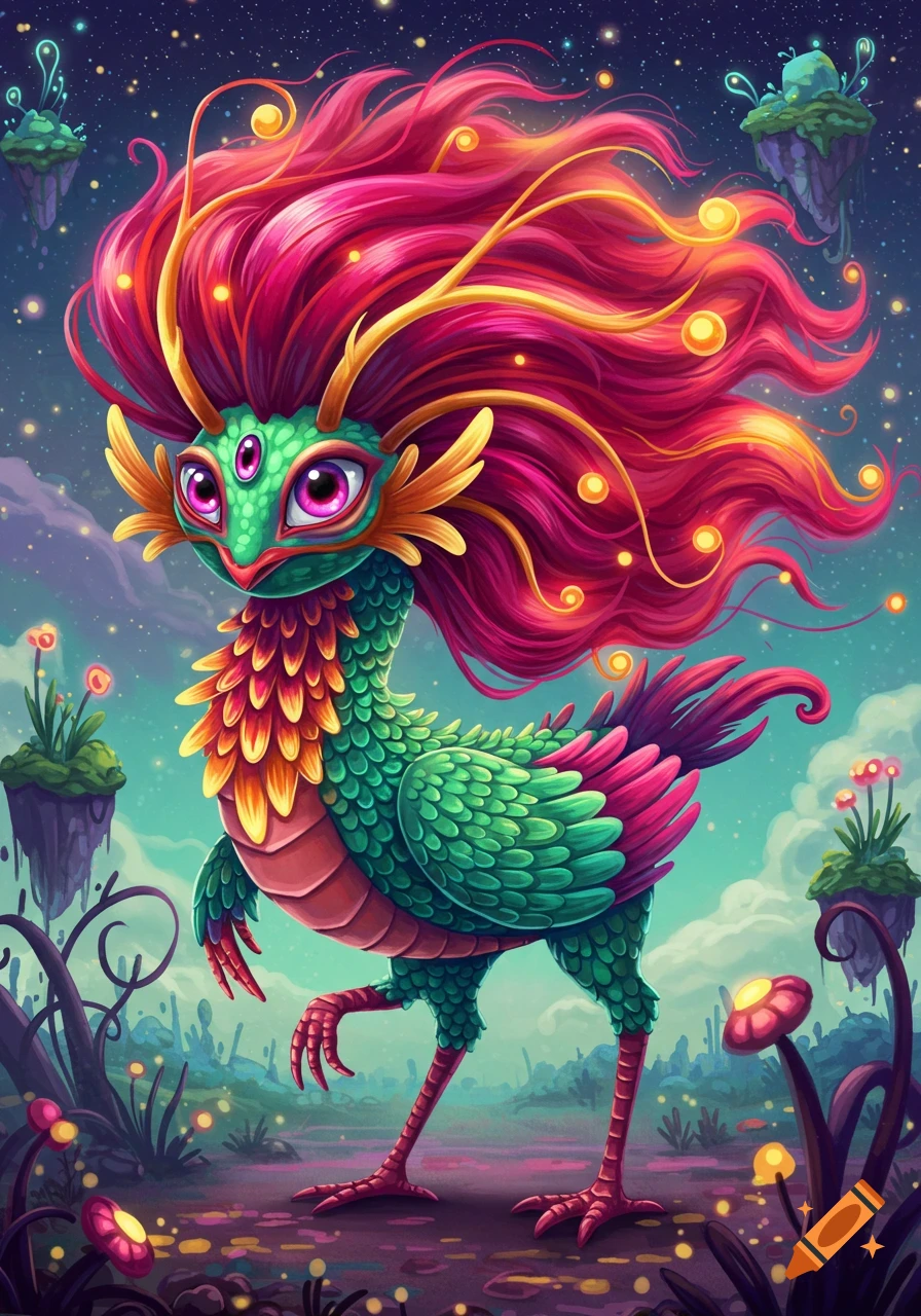A colorful, multi-eyed fantasy creature with flowing pink and yellow ...