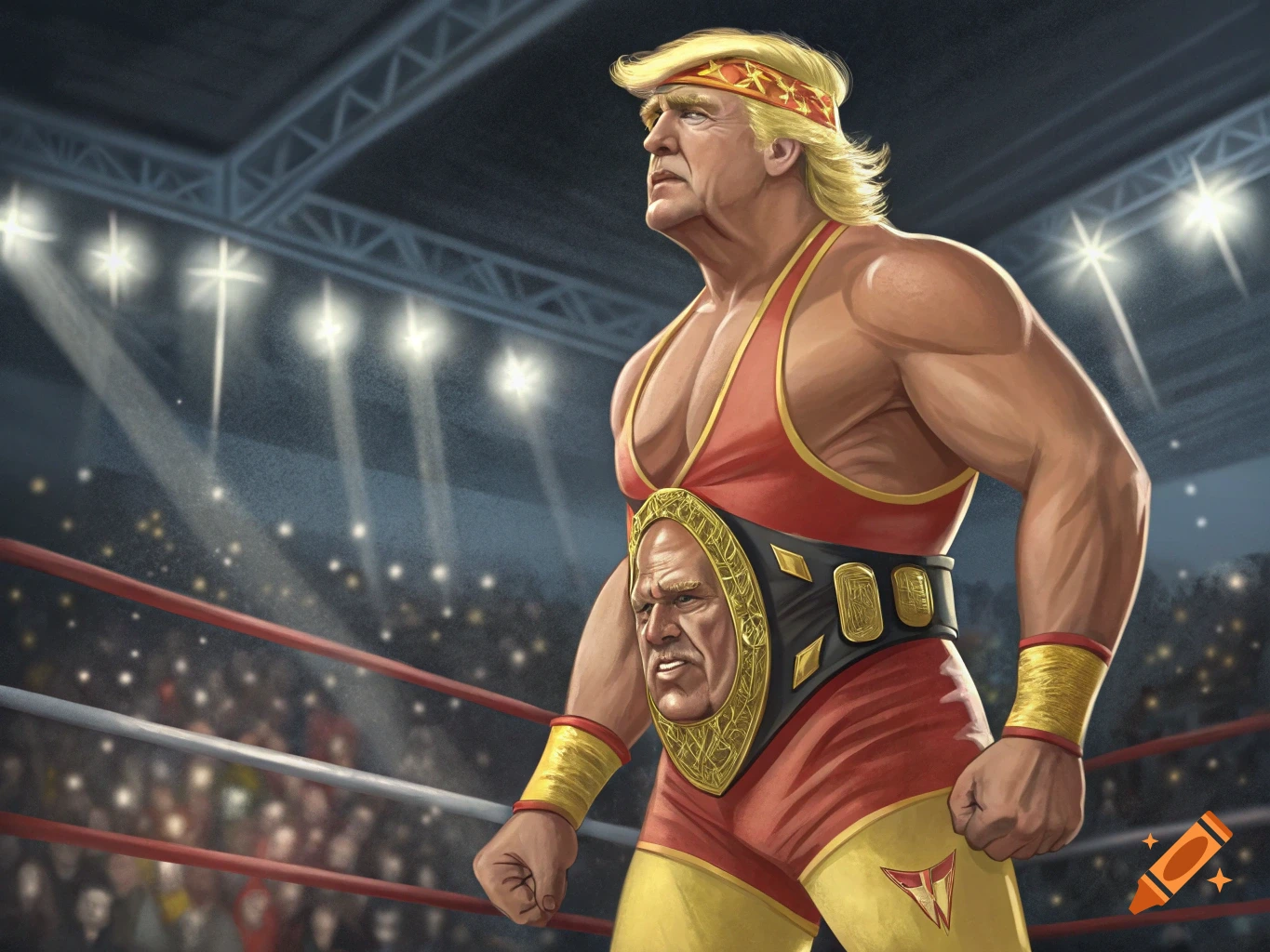 Illustration of Donald Trump as a muscular wrestler in a red and gold ...