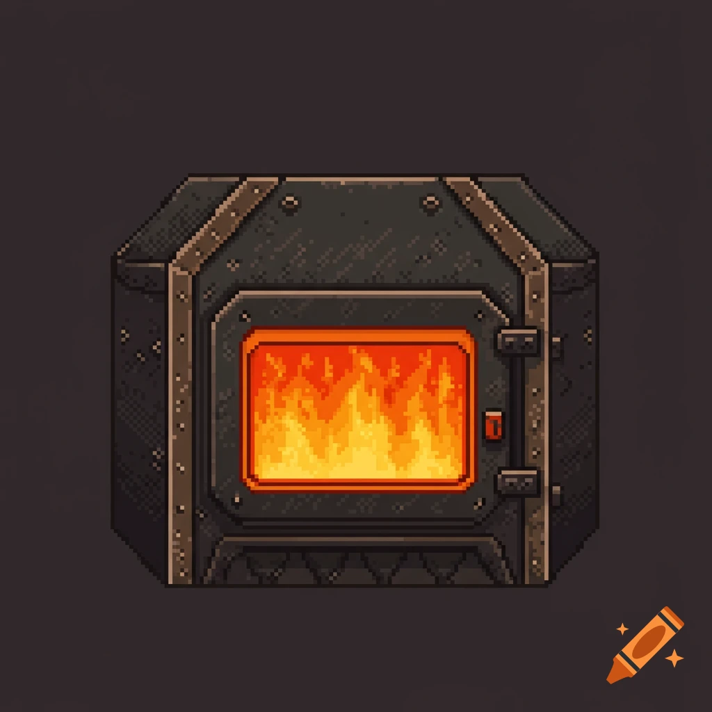 Pixel art front sprite of a lit furnace with glowing fire. on Craiyon