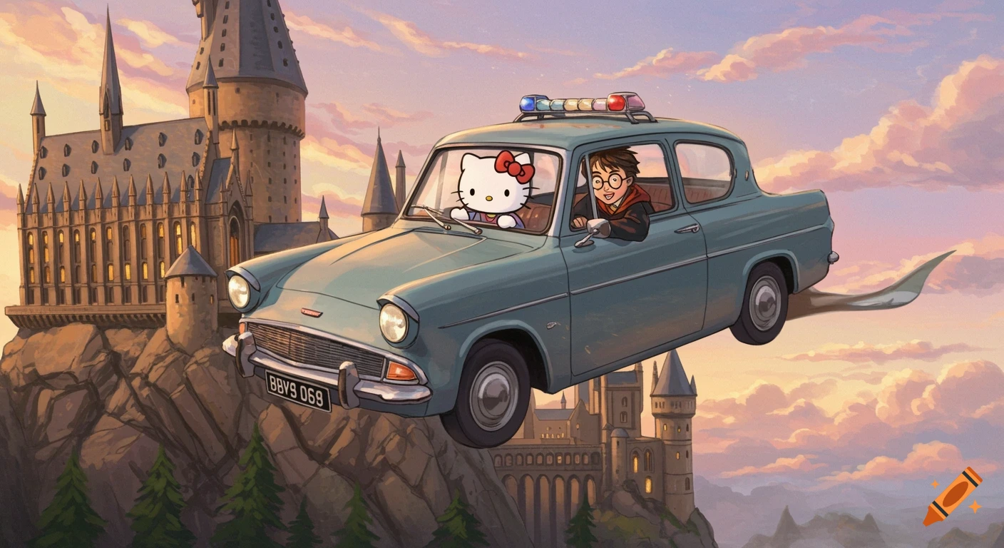Hello Kitty and Harry Potter fly a blue police car over Hogwarts castle ...
