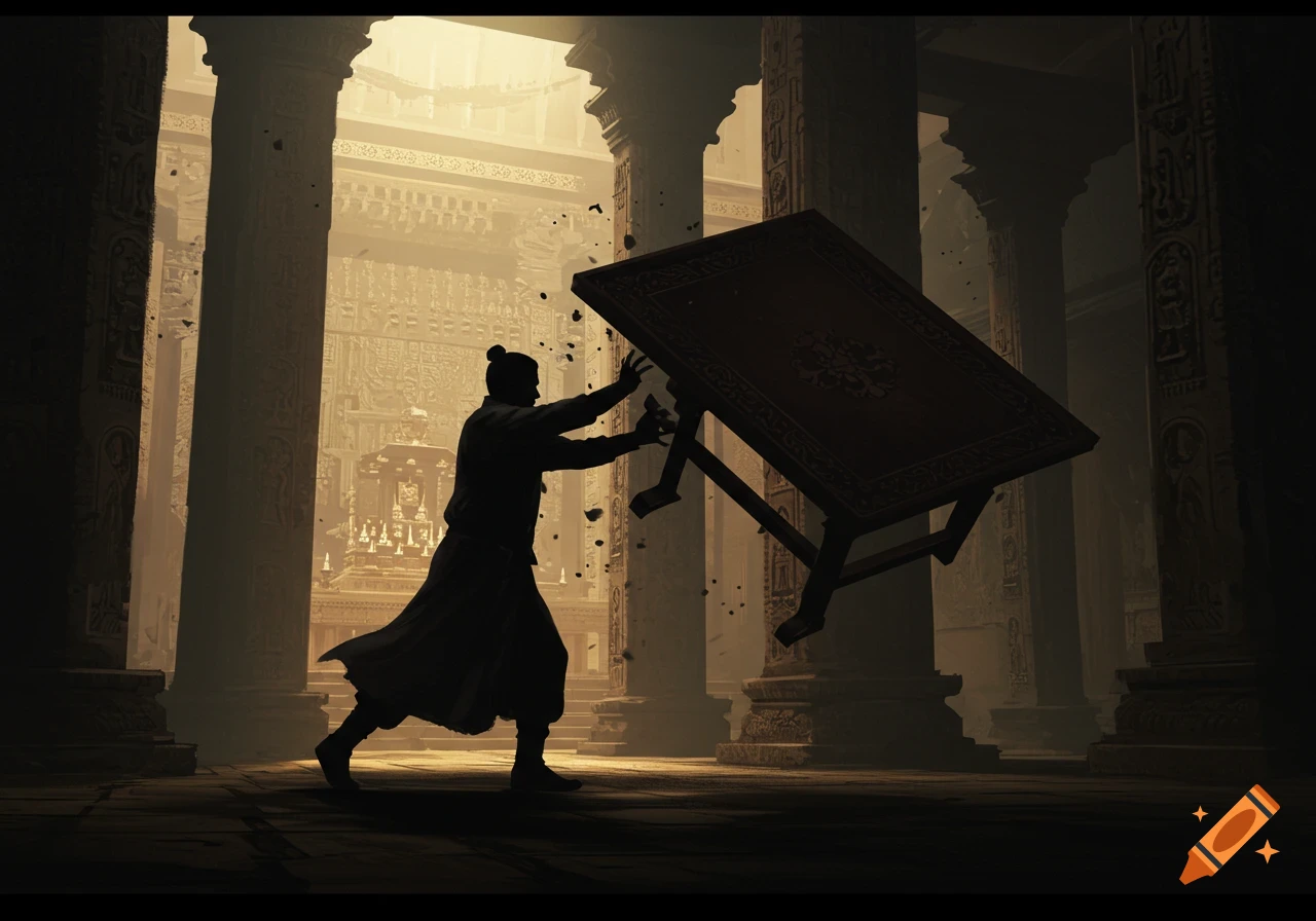 Silhouette of a man throwing a table inside a grand, dusty temple on ...