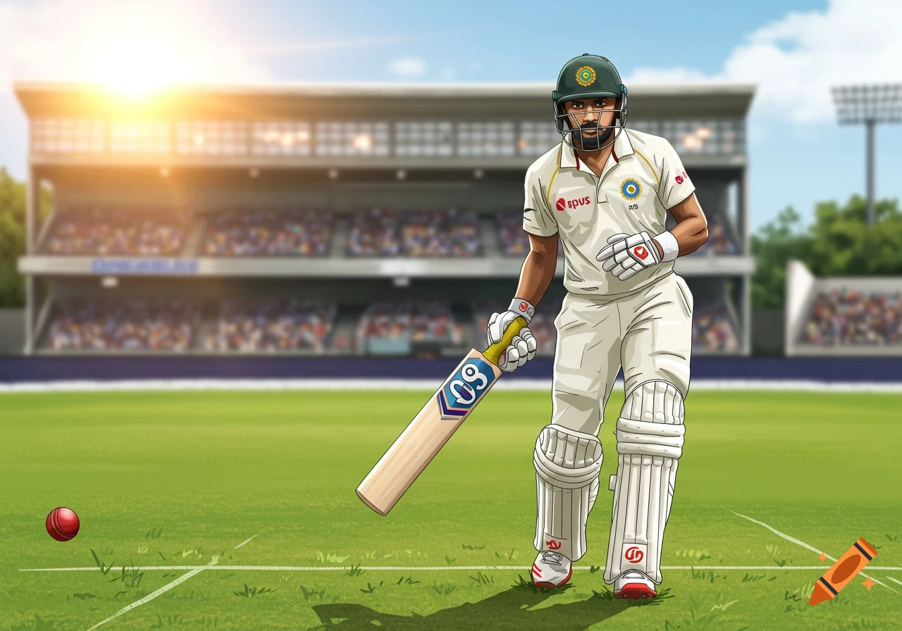 An illustration of a cricketer in uniform standing on a field with a ...