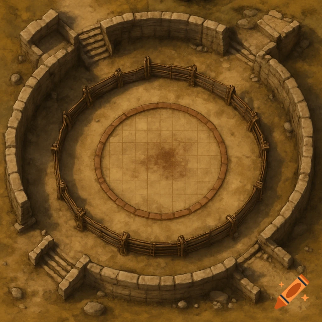 Overhead fantasy fighting pit map with stone walls and wooden fence. on ...