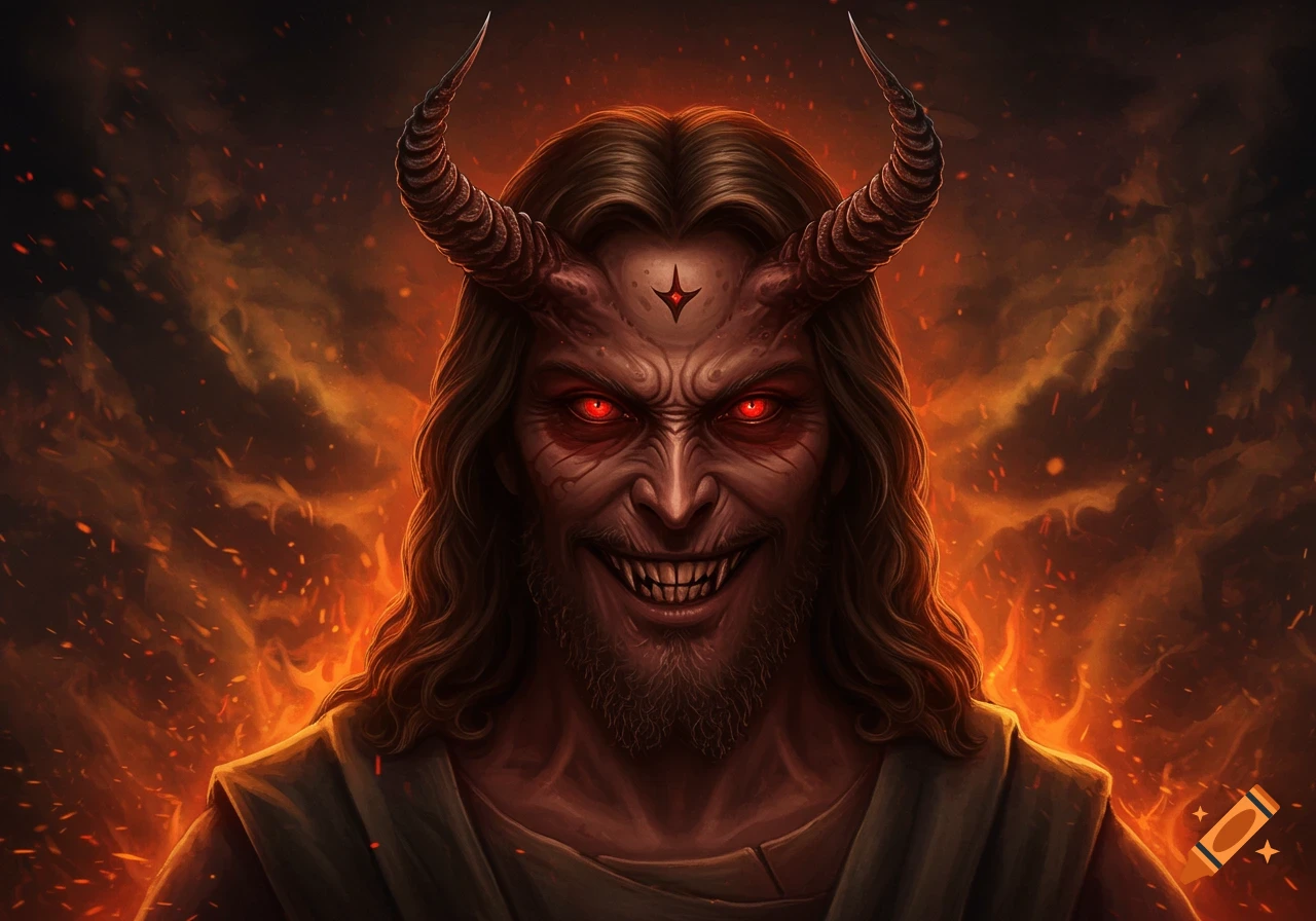 Close up portrait of a demonic figure with horns, red eyes, sharp teeth, and a beard against a ...