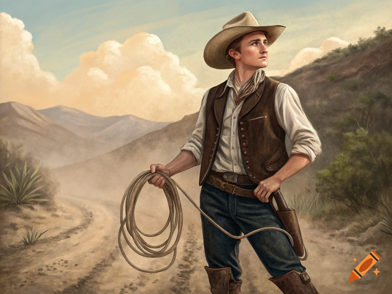 Cowboy holding a lasso in a dusty western landscape painting. on Craiyon