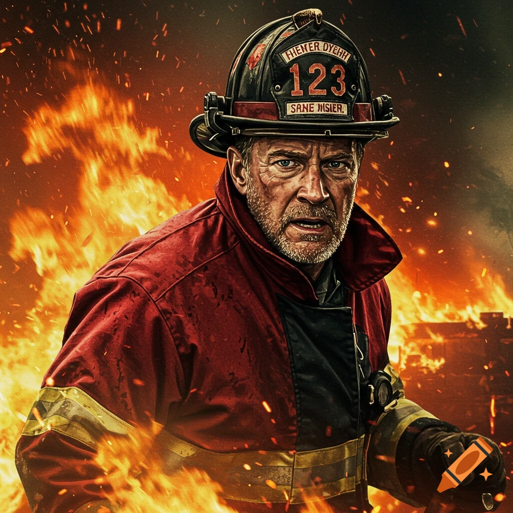 A determined fireman in gear stands before roaring flames. on Craiyon