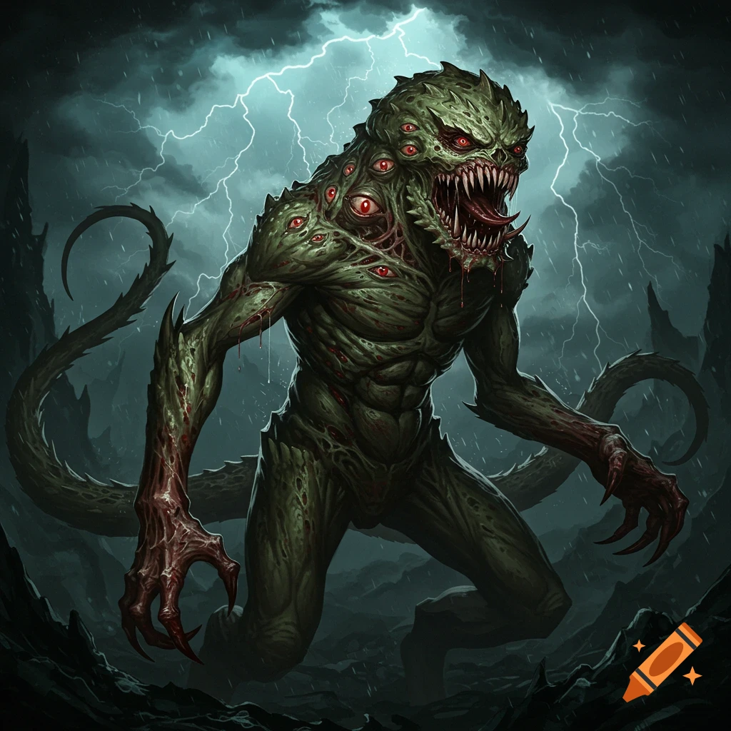 A monstrous green creature with many red eyes, sharp teeth, claws, and tails stands in a stormy ...