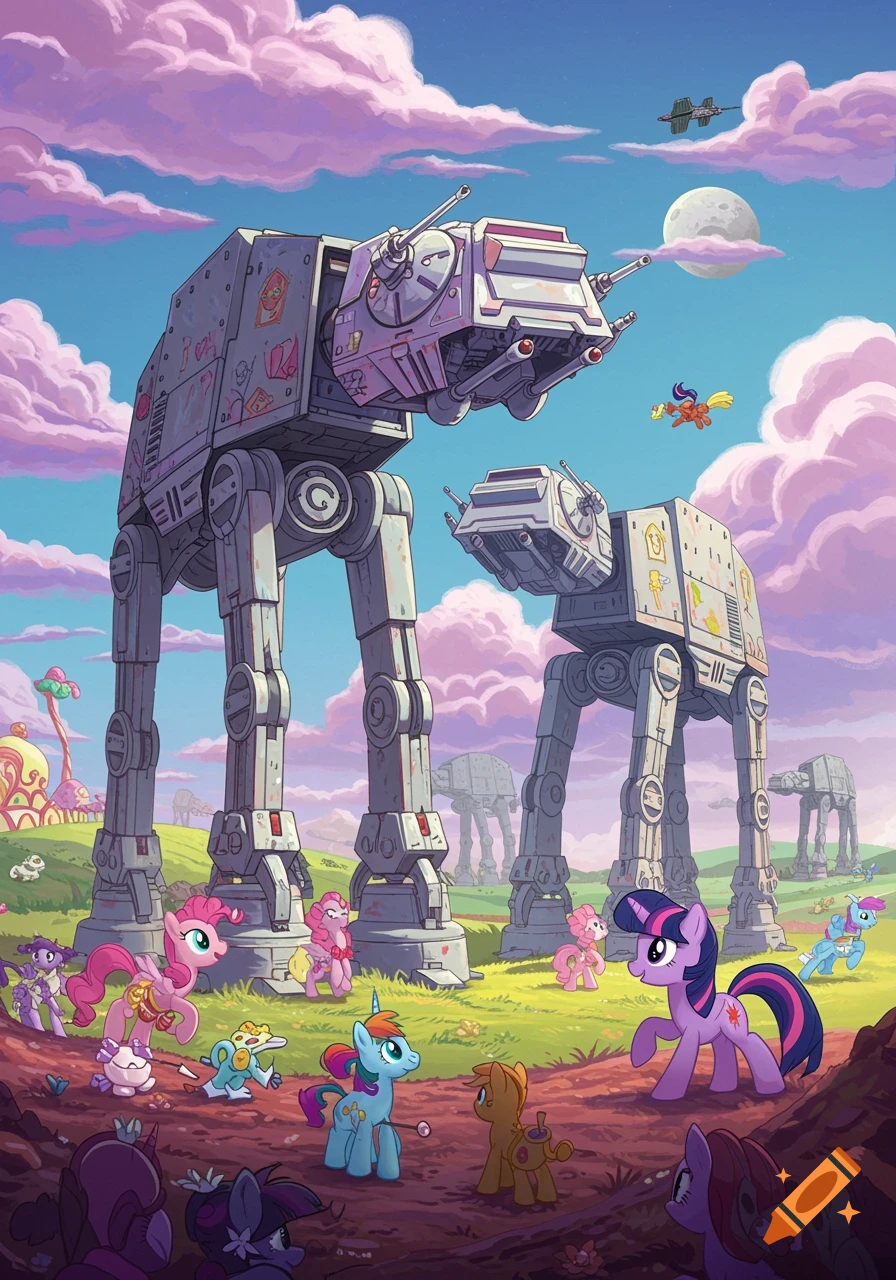 Cartoon ponies interact with giant Star Wars AT-AT walkers in a field ...