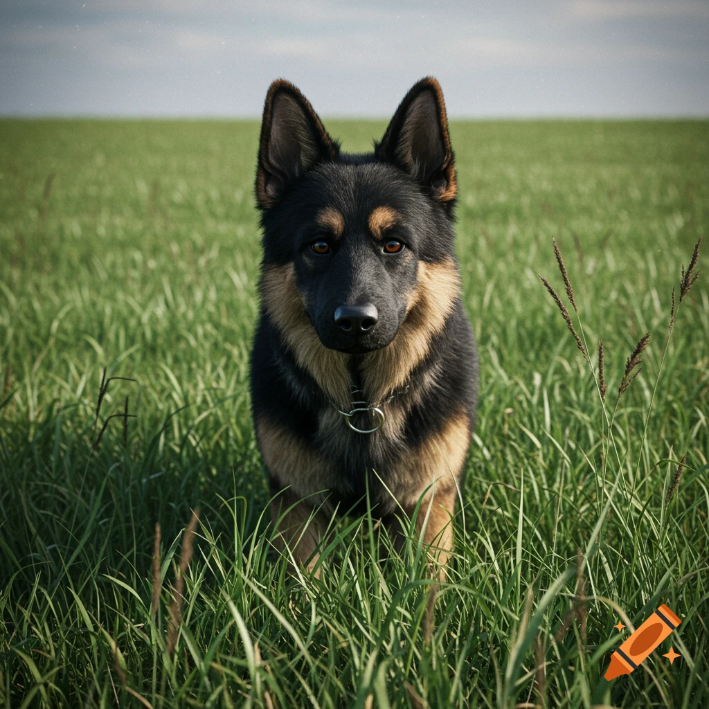 Realistic photo of a German Shepherd dog in a grassy field on Craiyon