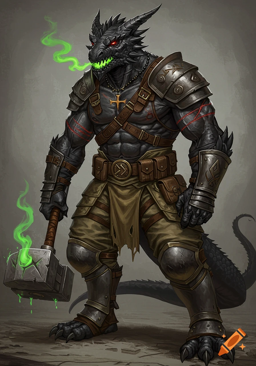 A black dragonborn barbarian in armor holds a large hammer with green ...