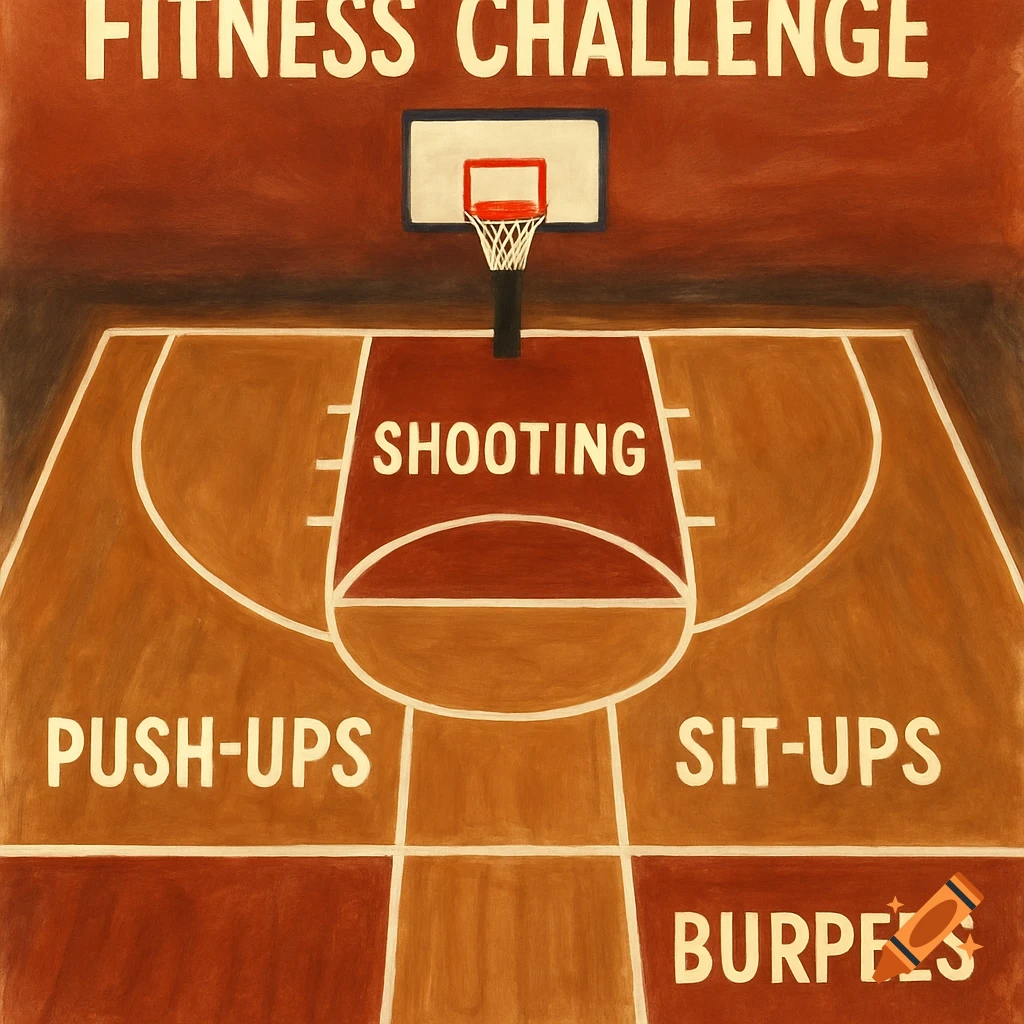 A basketball court labeled for a fitness challenge with areas for ...