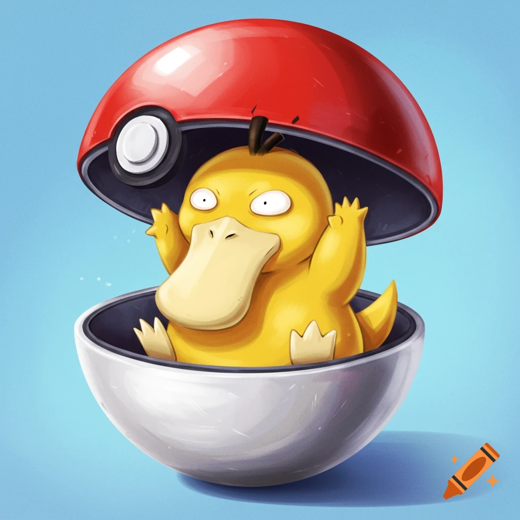 A cartoon Psyduck character sits inside an open Poke Ball. on Craiyon