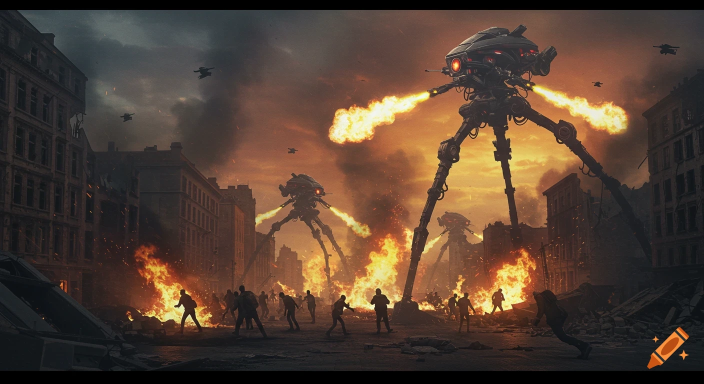 Tripods attack a burning city with people running in a dramatic sci-fi ...