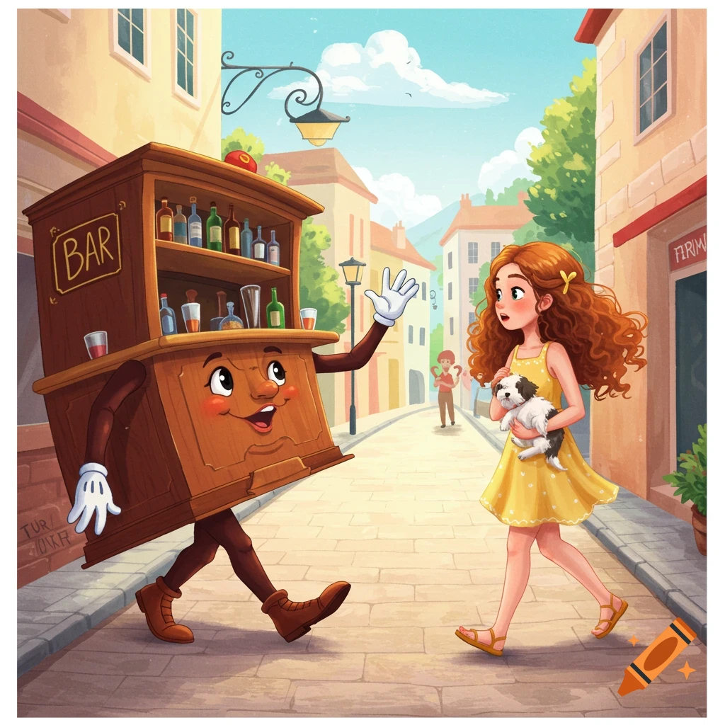 Cartoon of a walking bar counter character waving at a girl holding a ...