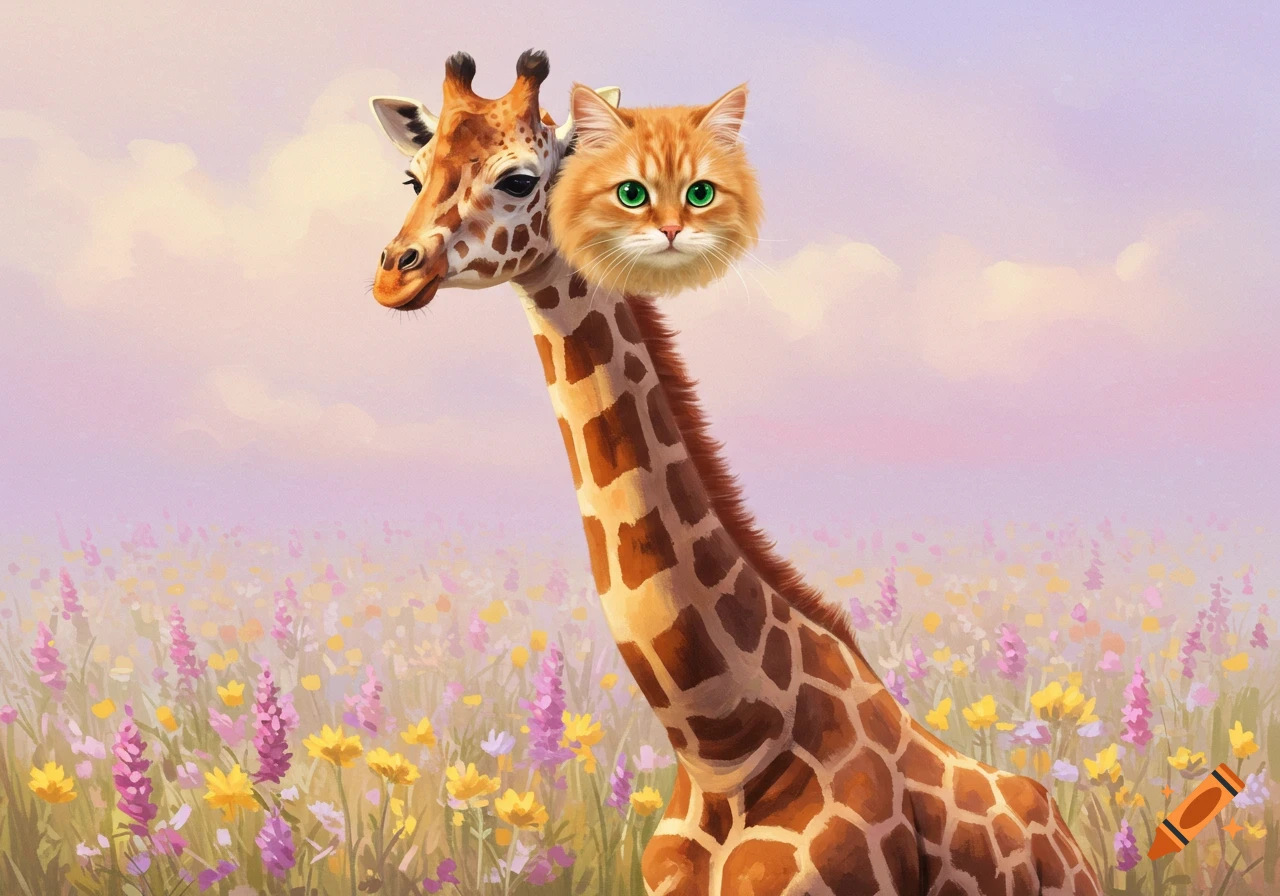A giraffe with a cat head stands in a field of flowers under a painted ...