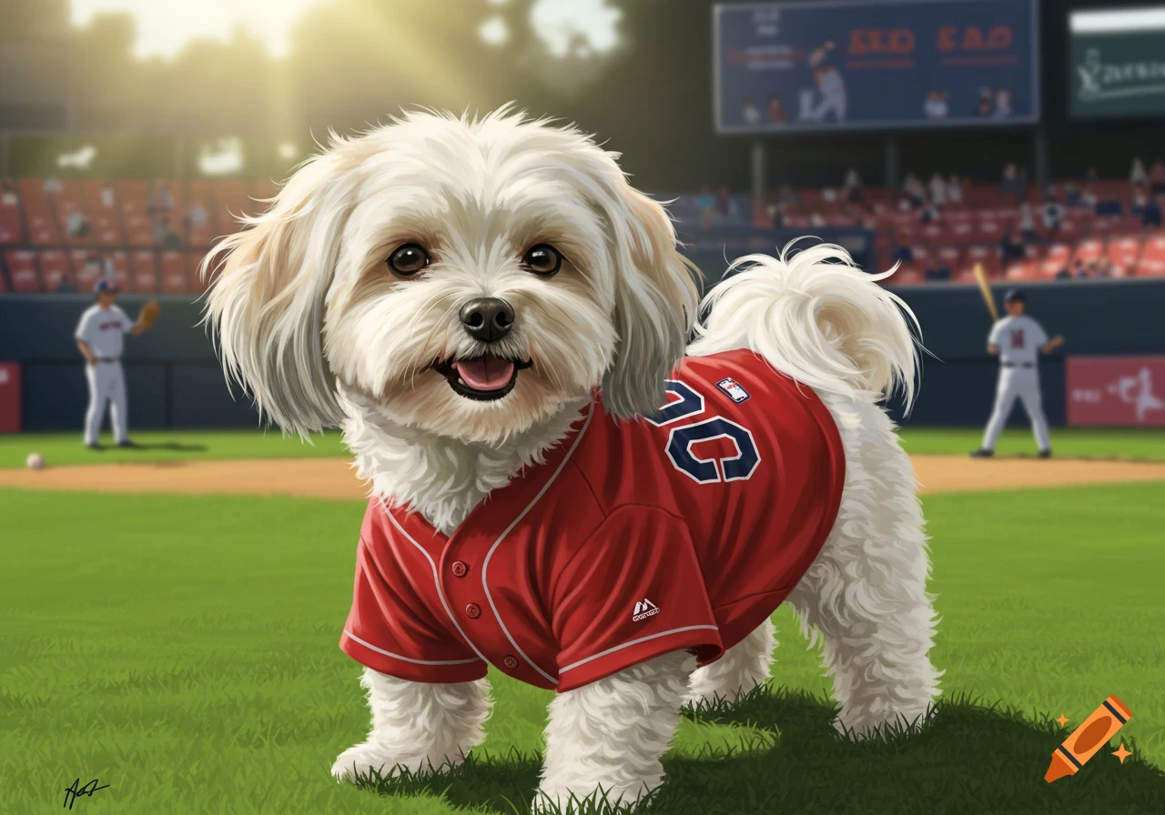 A cute white dog wearing a red baseball jersey stands on a baseball ...
