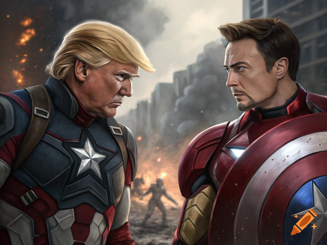 Donald Trump as Captain America and Elon Musk as Iron Man face off in a ...