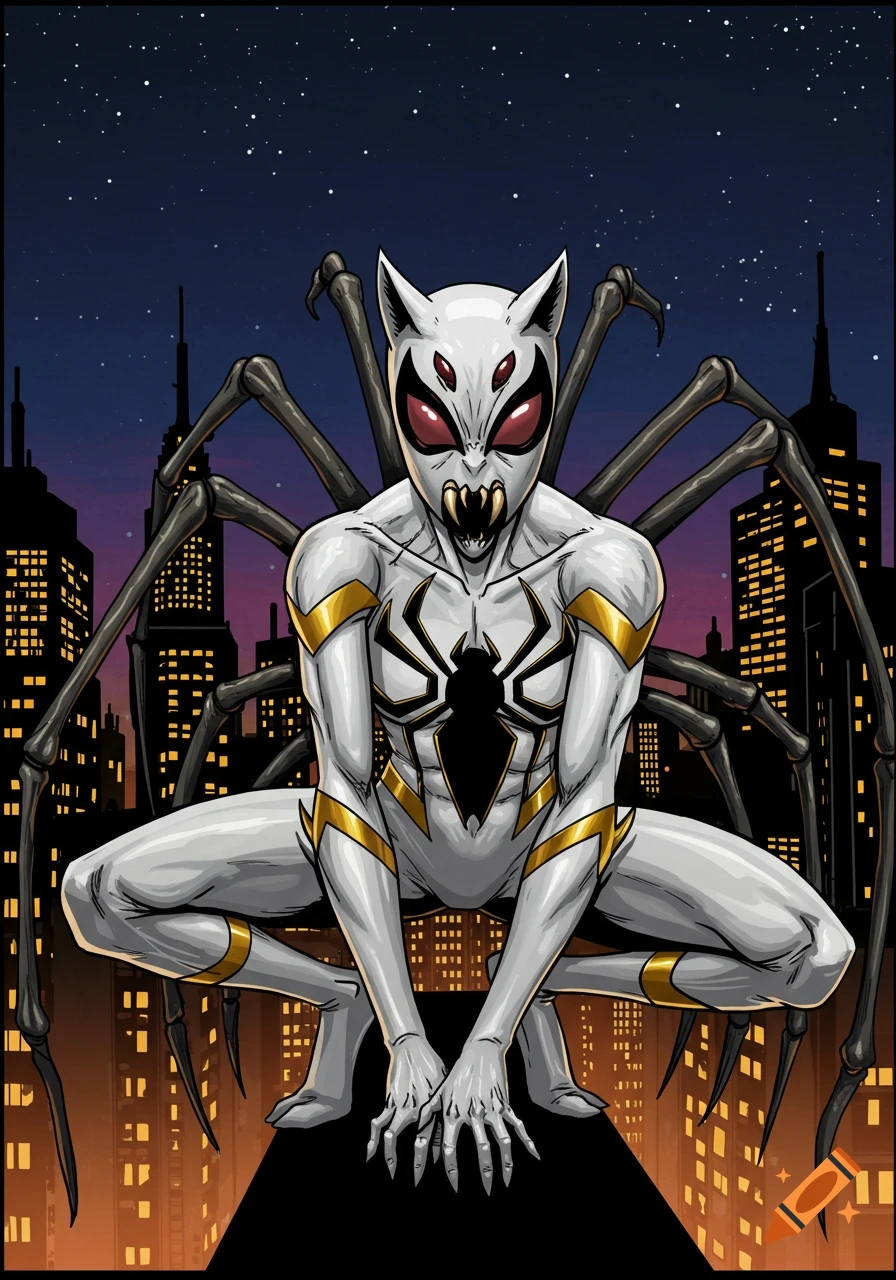 Comic art of a spider-woman character with wolf features, white and ...