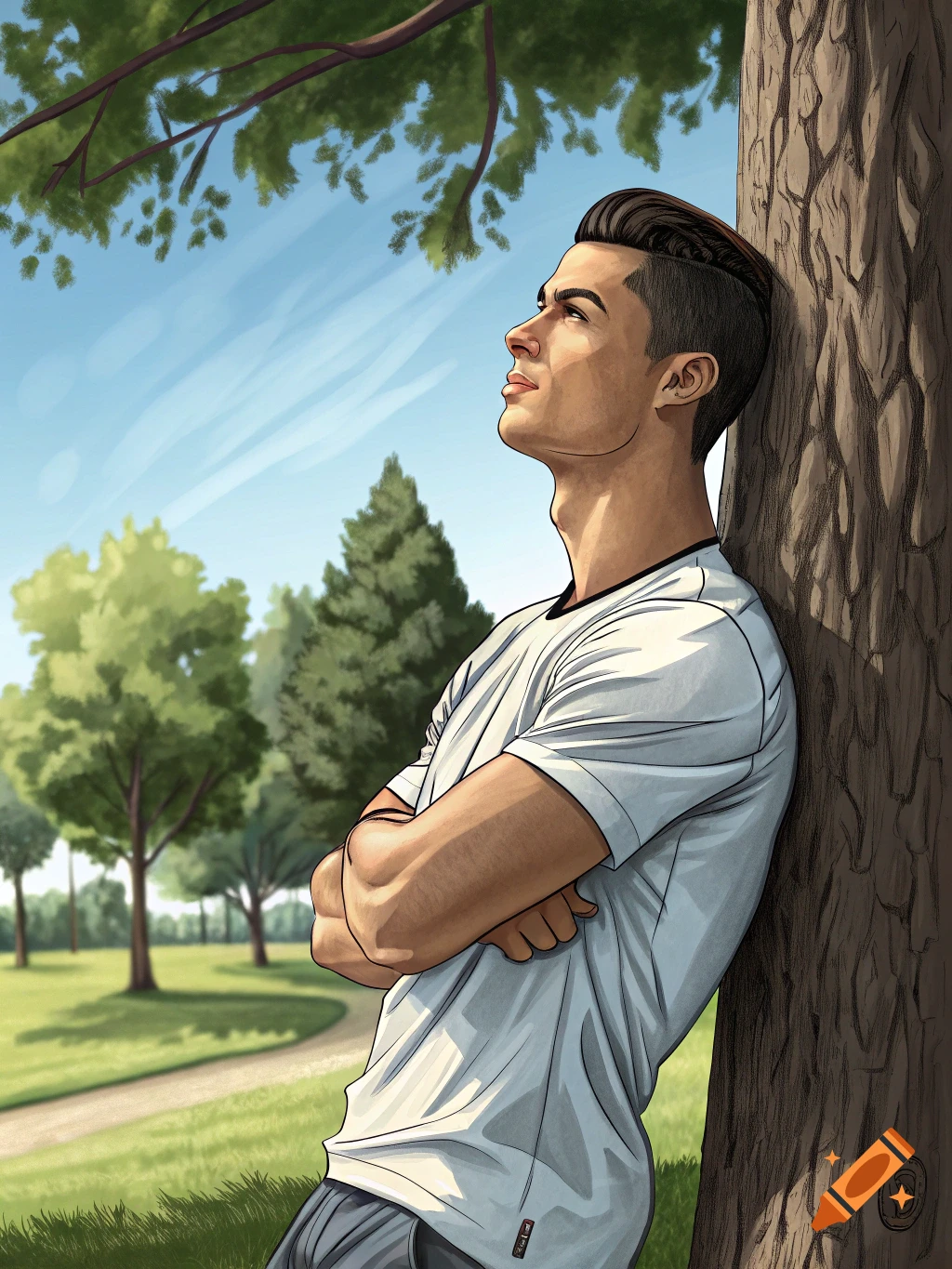 Illustration of a man leaning against a tree in a park. on Craiyon